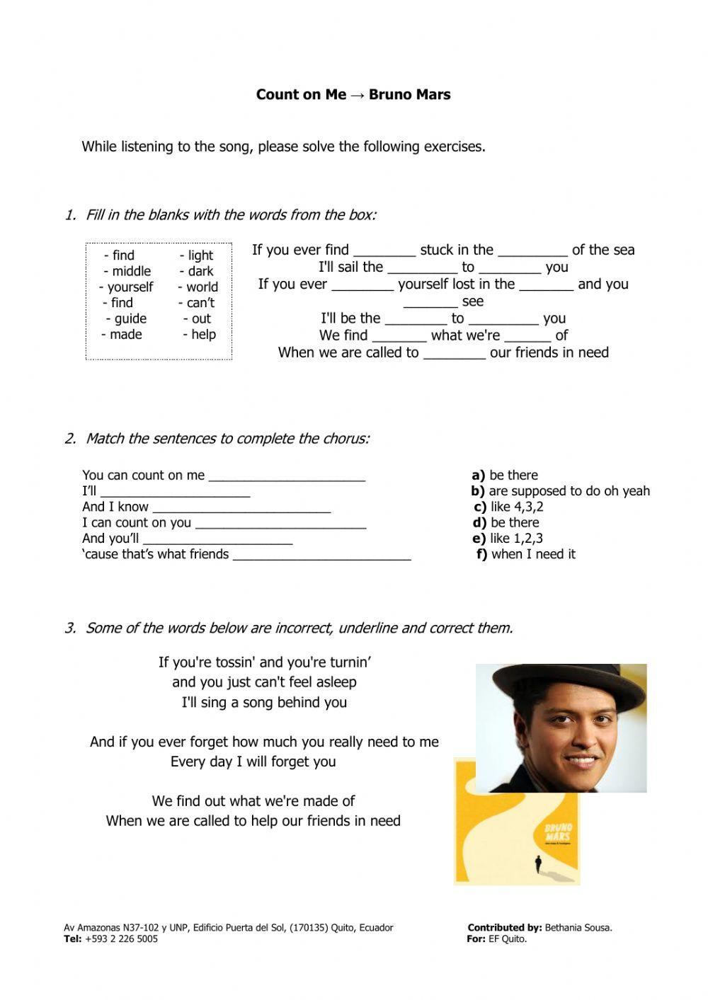 Count on Me by Bruno Mars activity | Live Worksheets