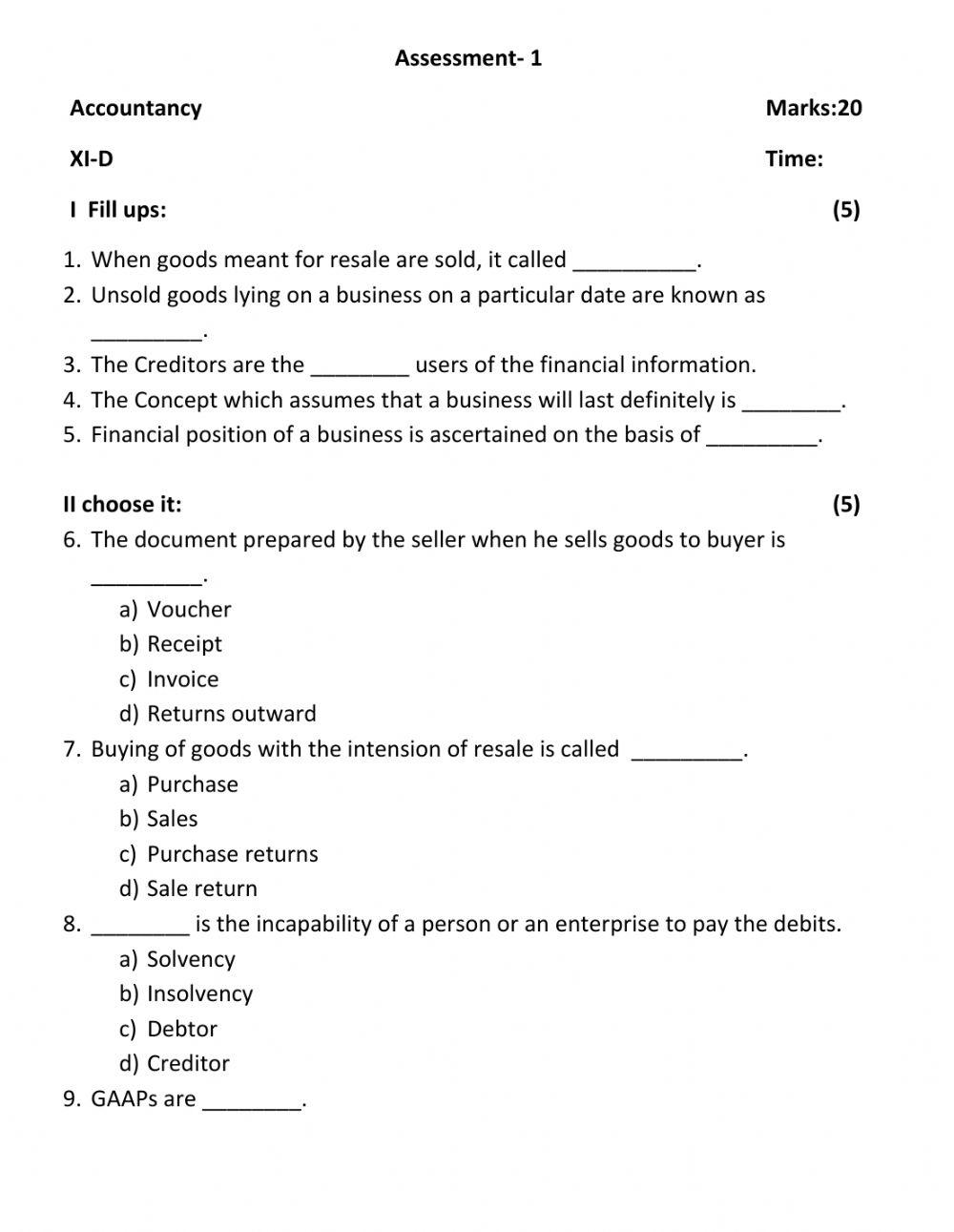 Accountancy 11d worksheet | Live Worksheets