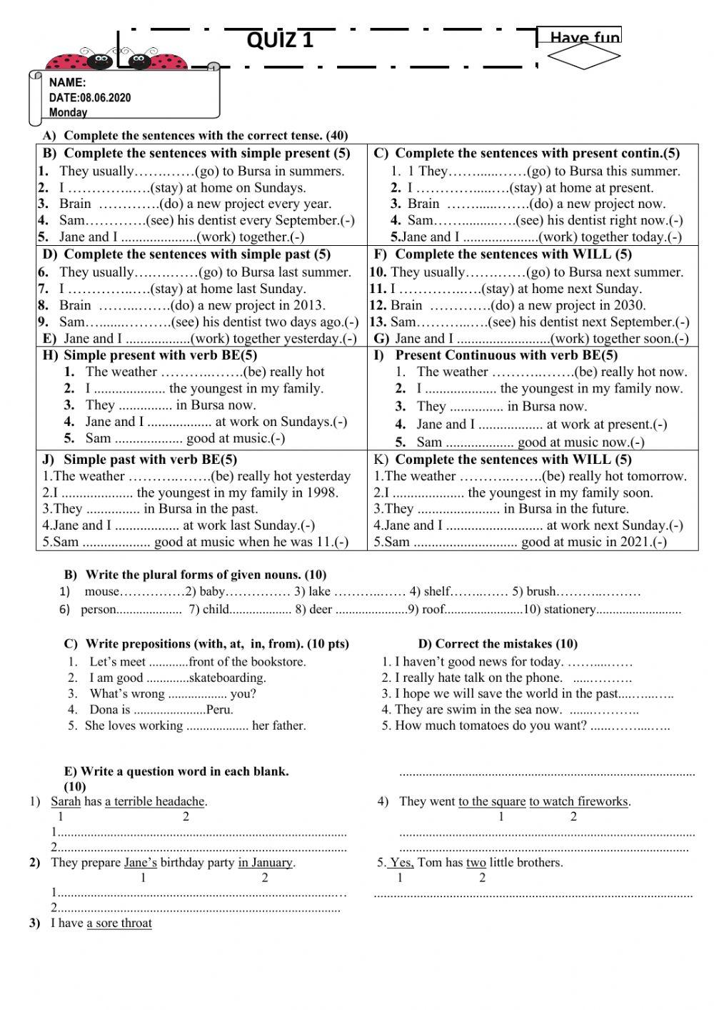 Quiz 1- 6th grade worksheet | Live Worksheets