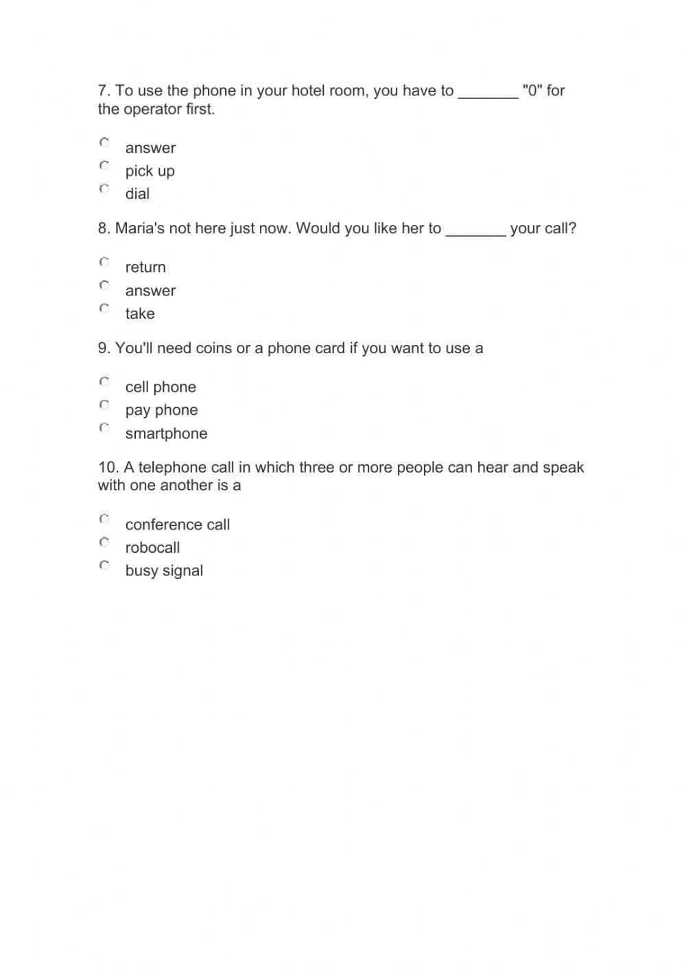 Phone call quiz | Free Interactive Worksheets | 355766