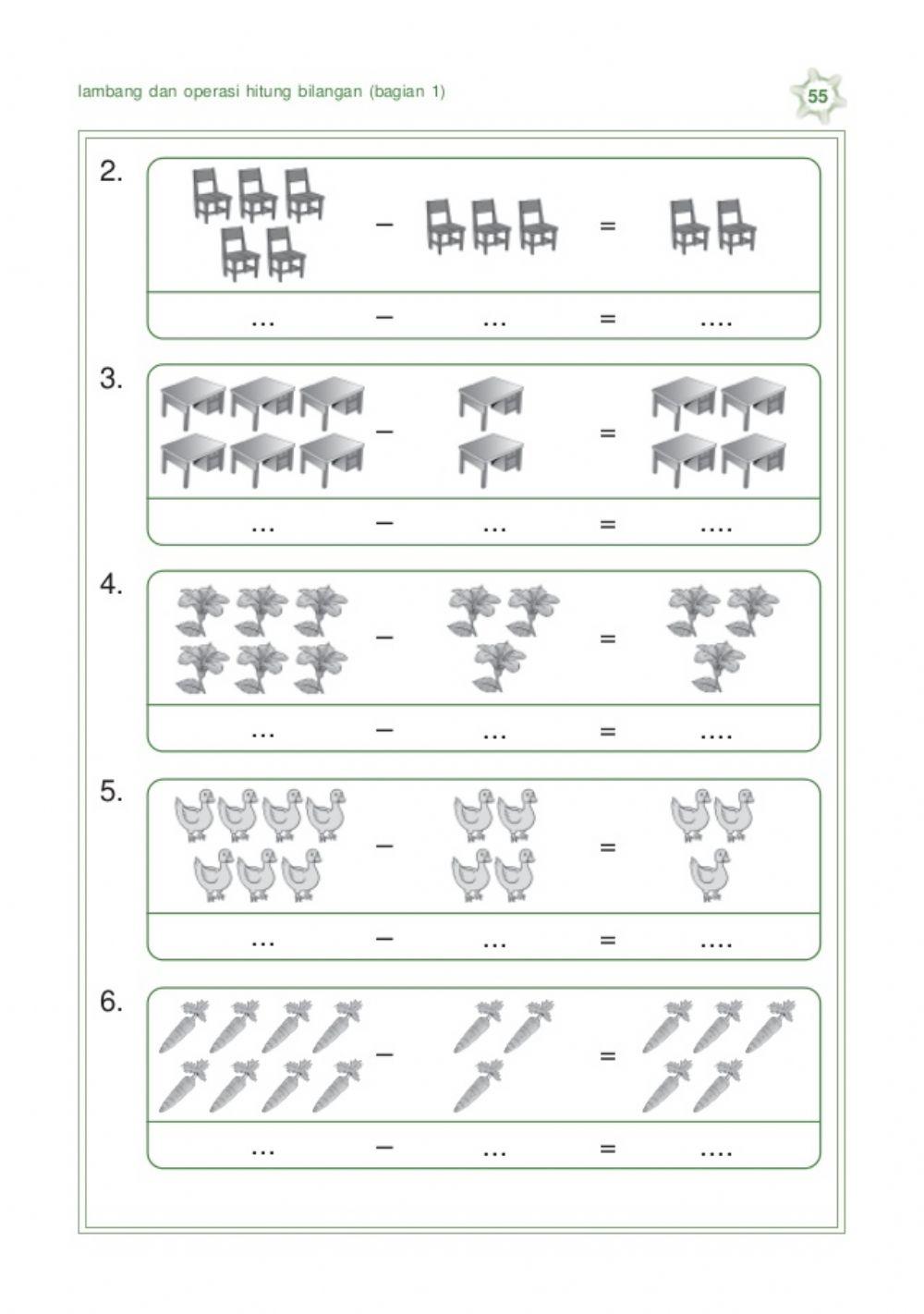 Pengurangan bilangan 1-10 | LiveWorksheets | 356274