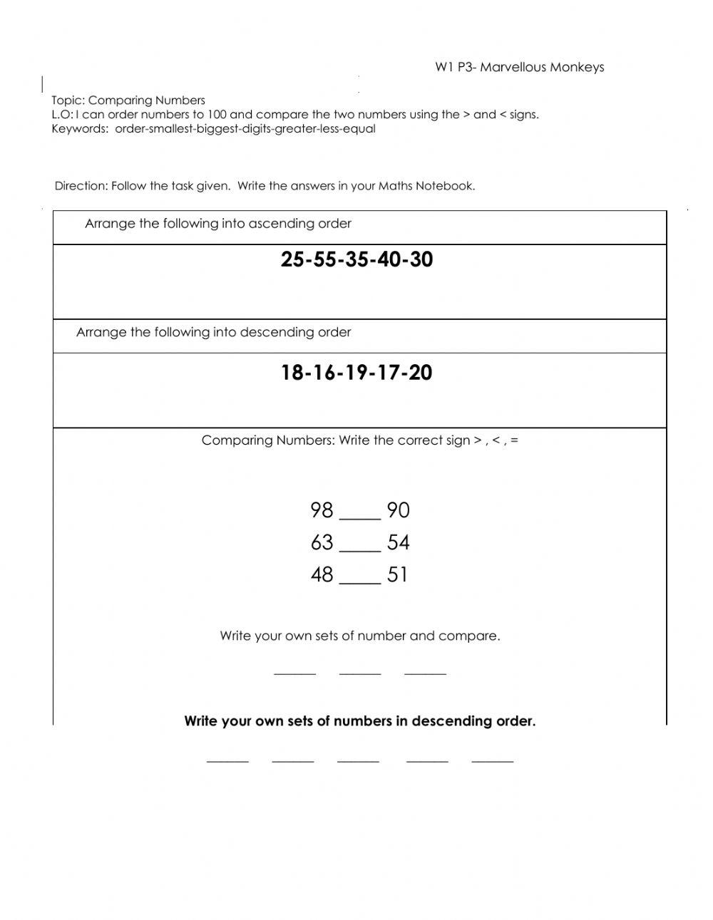 Ordering Numbers free online exercise | Live Worksheets