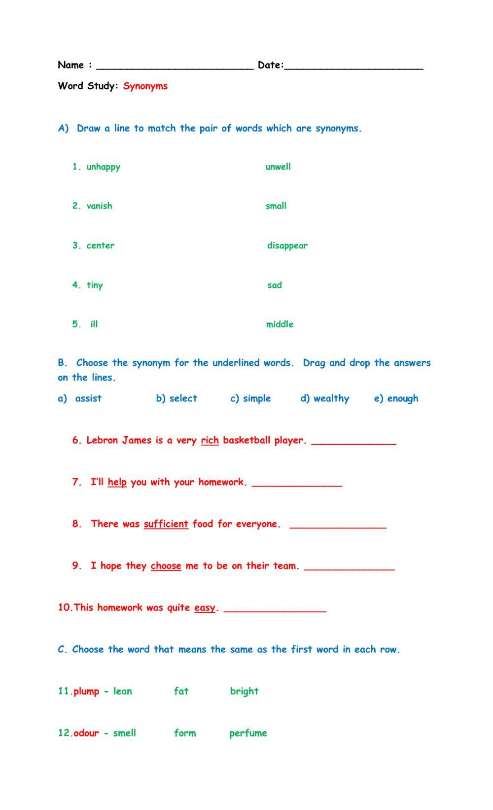 Synonyms interactive activity for 3-5 | Live Worksheets
