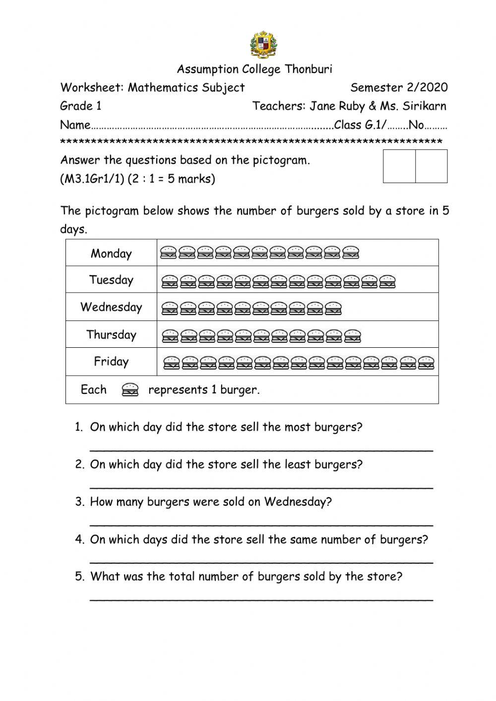 Pictogram Worksheet Grade 1 online exercise for | Live Worksheets