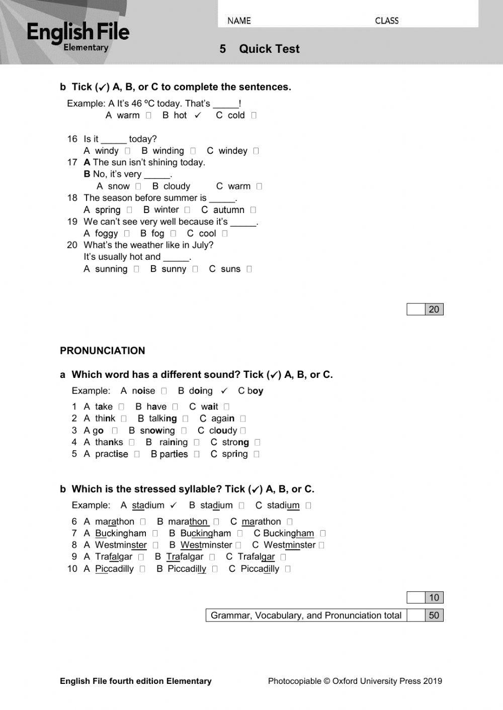 Elementary Quick test 5 online exercise for | Live Worksheets