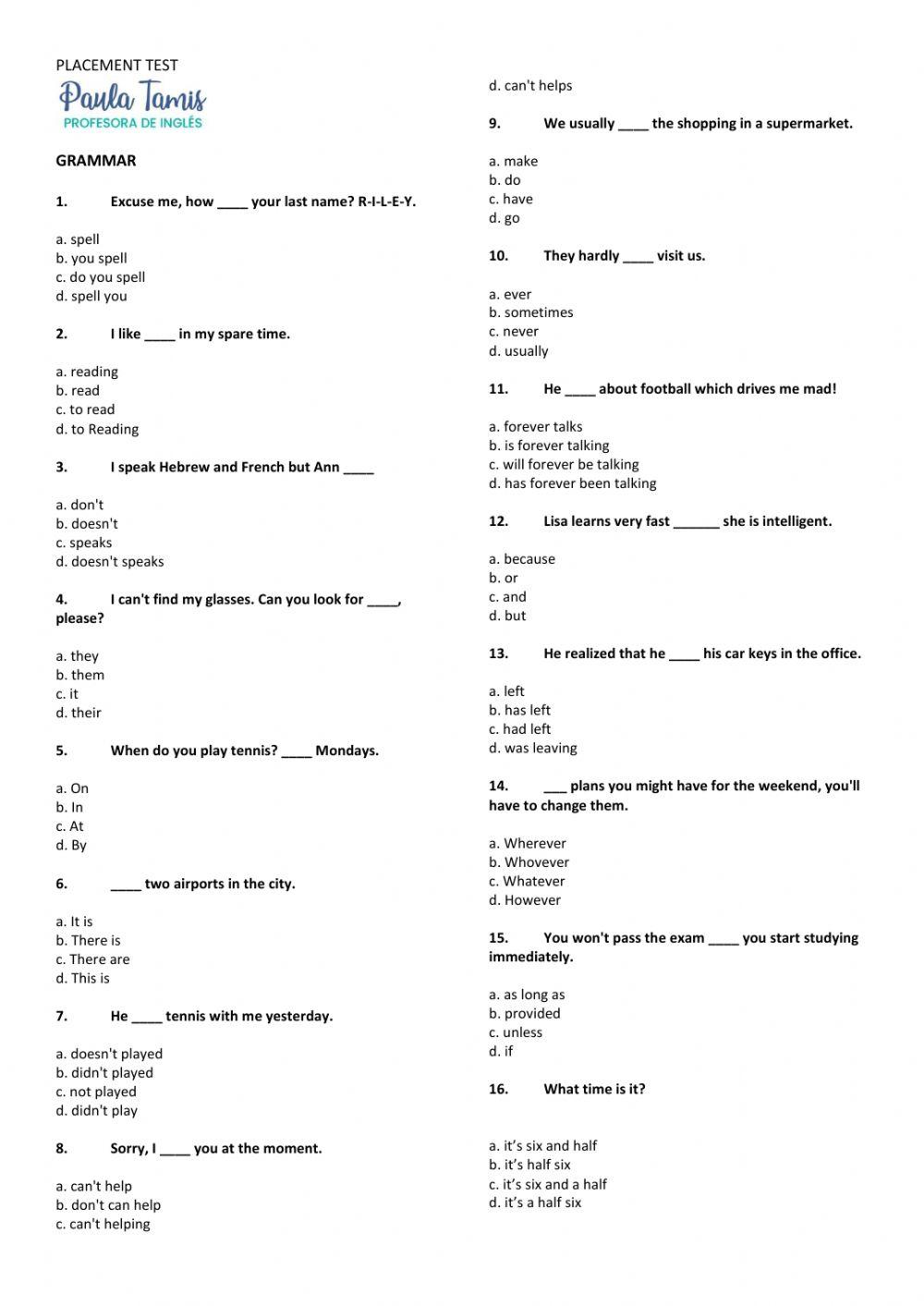 Placement test | Free Interactive Worksheets | 625958