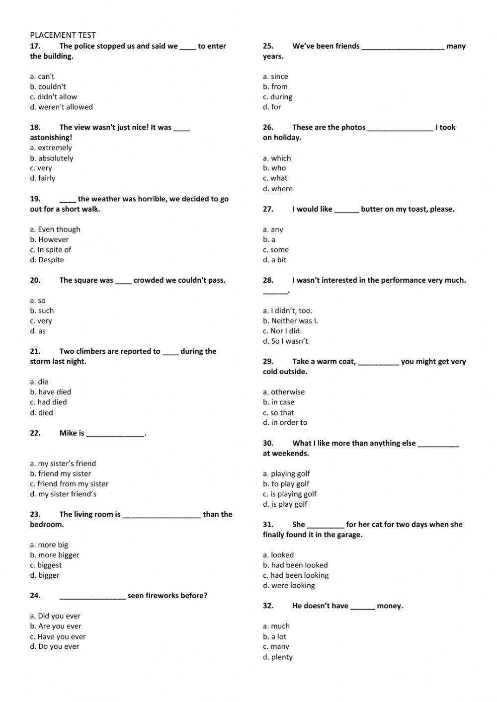 Placement test | Free Interactive Worksheets | 625958