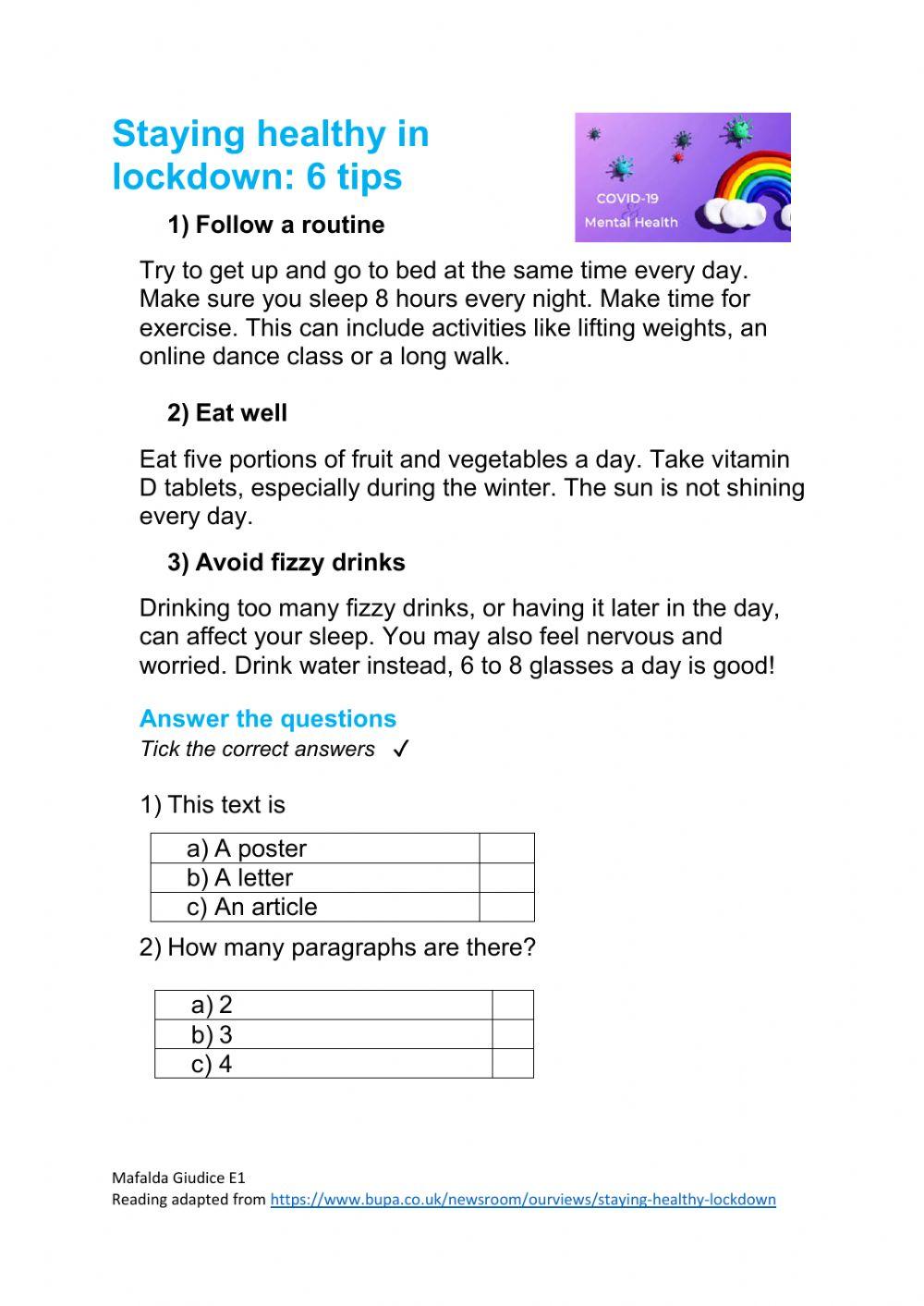 Staying Healthy in lockdown E1- Reading worksheet | Live Worksheets
