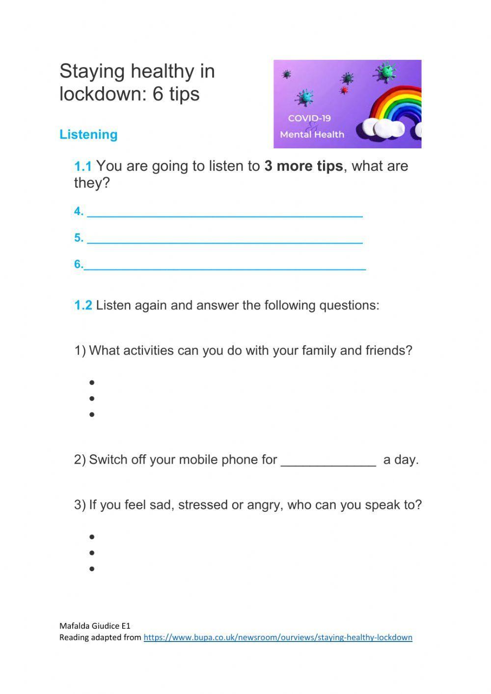 Staying Healthy in lockdown E1- Listening worksheet | Live Worksheets