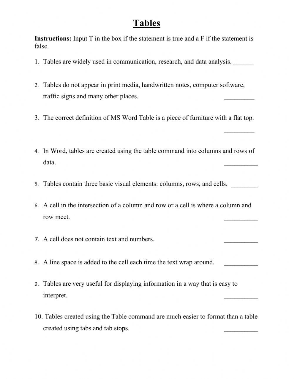 Tables (t & f) worksheet | Live Worksheets