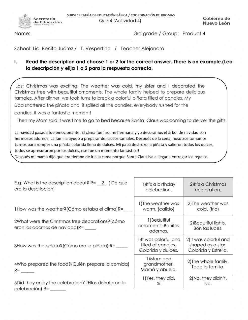 3rd grade-quiz -11 al 15 enero 21 worksheet | Live Worksheets