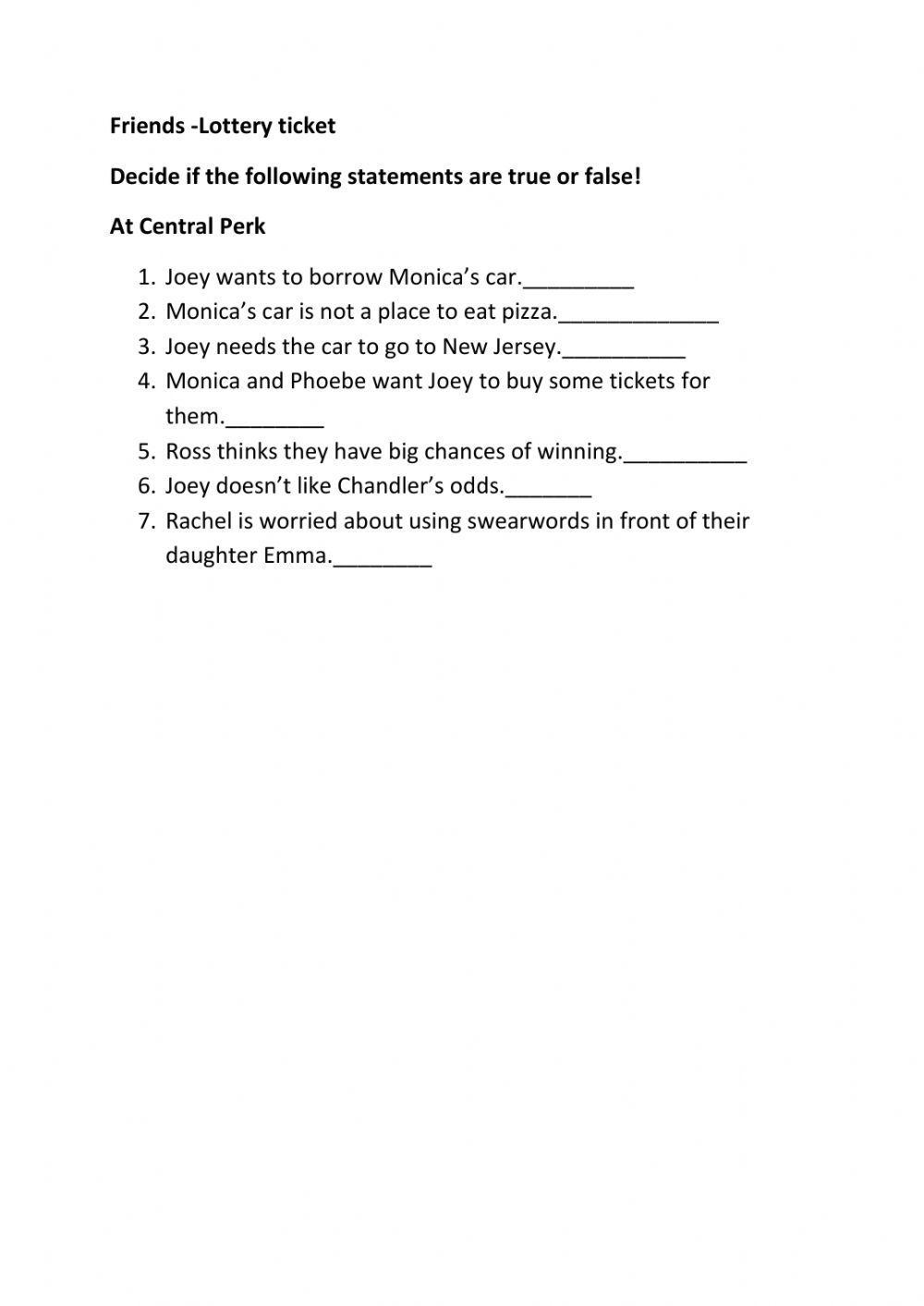 Friends-winning the lottery short scene worksheet | Live Worksheets
