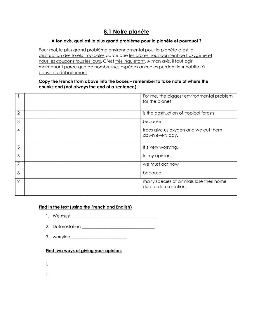 GCSE French Our Planet Parallel Text 1223 | rellery