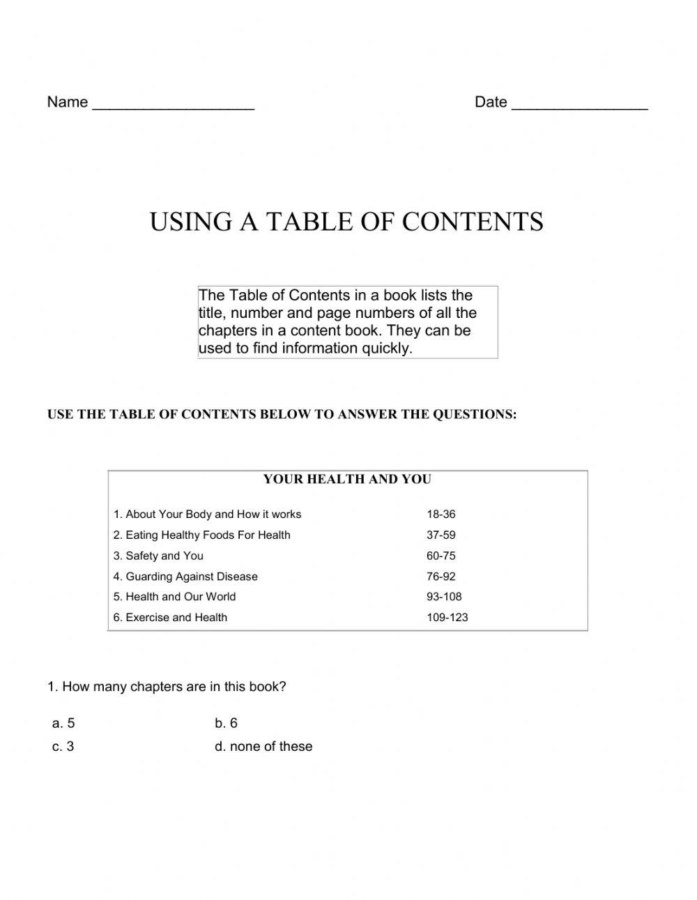 Table of Conten… | Free Interactive Worksheets | 629137