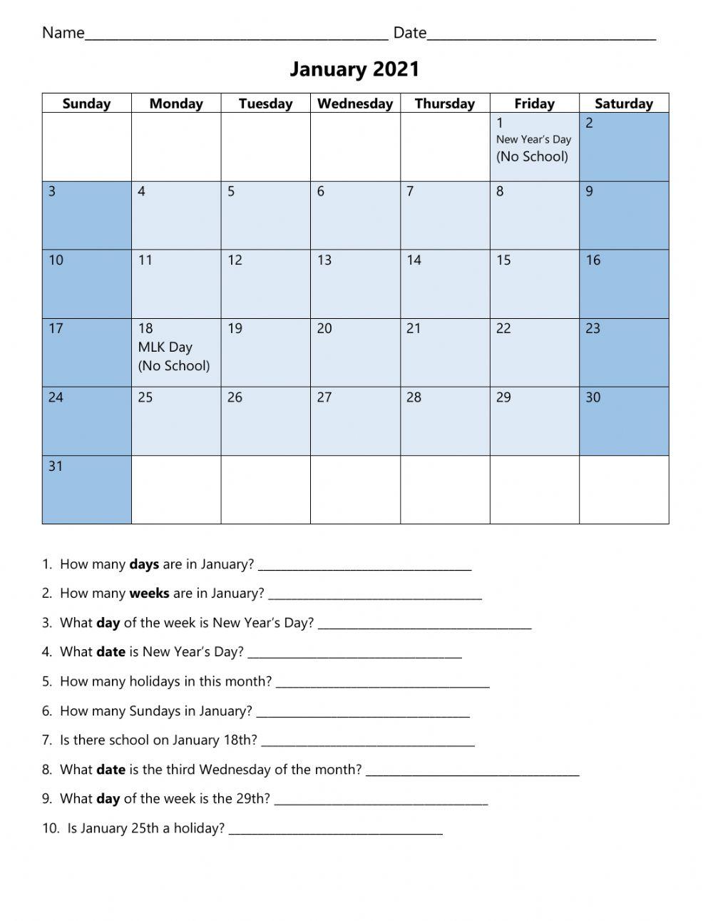 January 2021 worksheet | Live Worksheets