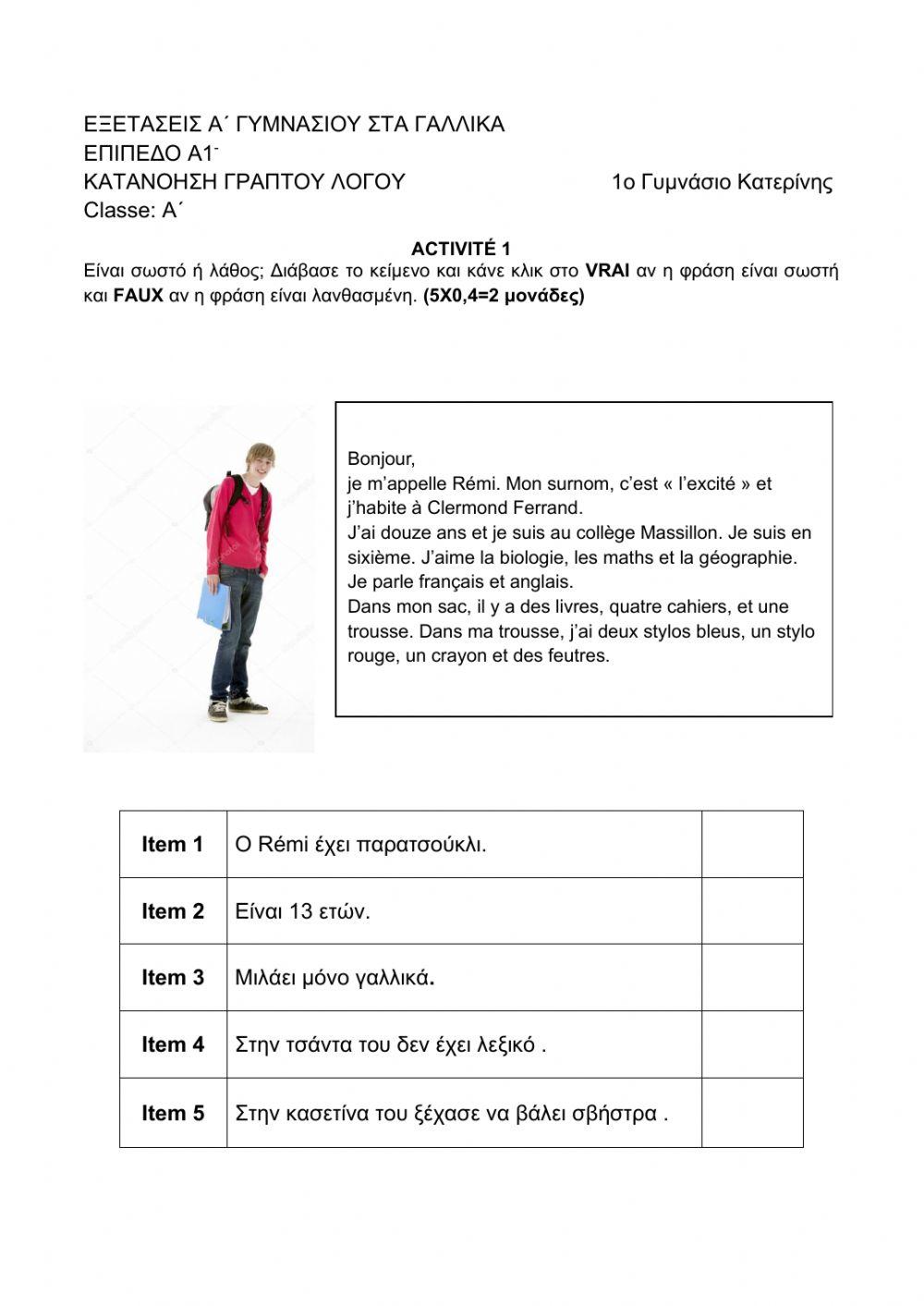 TEST (niveau A1-) worksheet | Live Worksheets