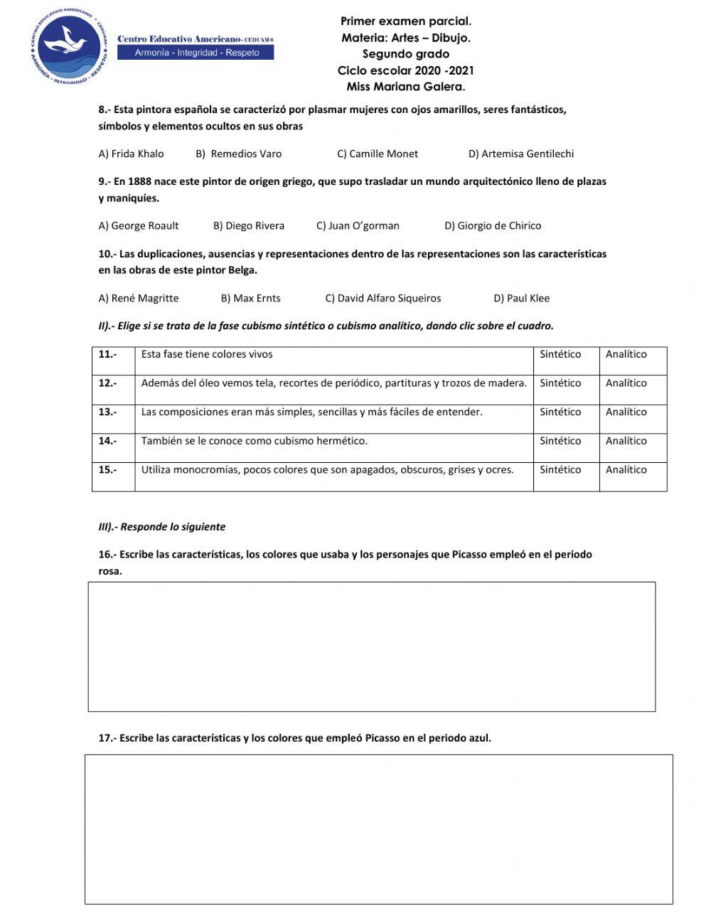 Examen dibujo worksheet | Live Worksheets