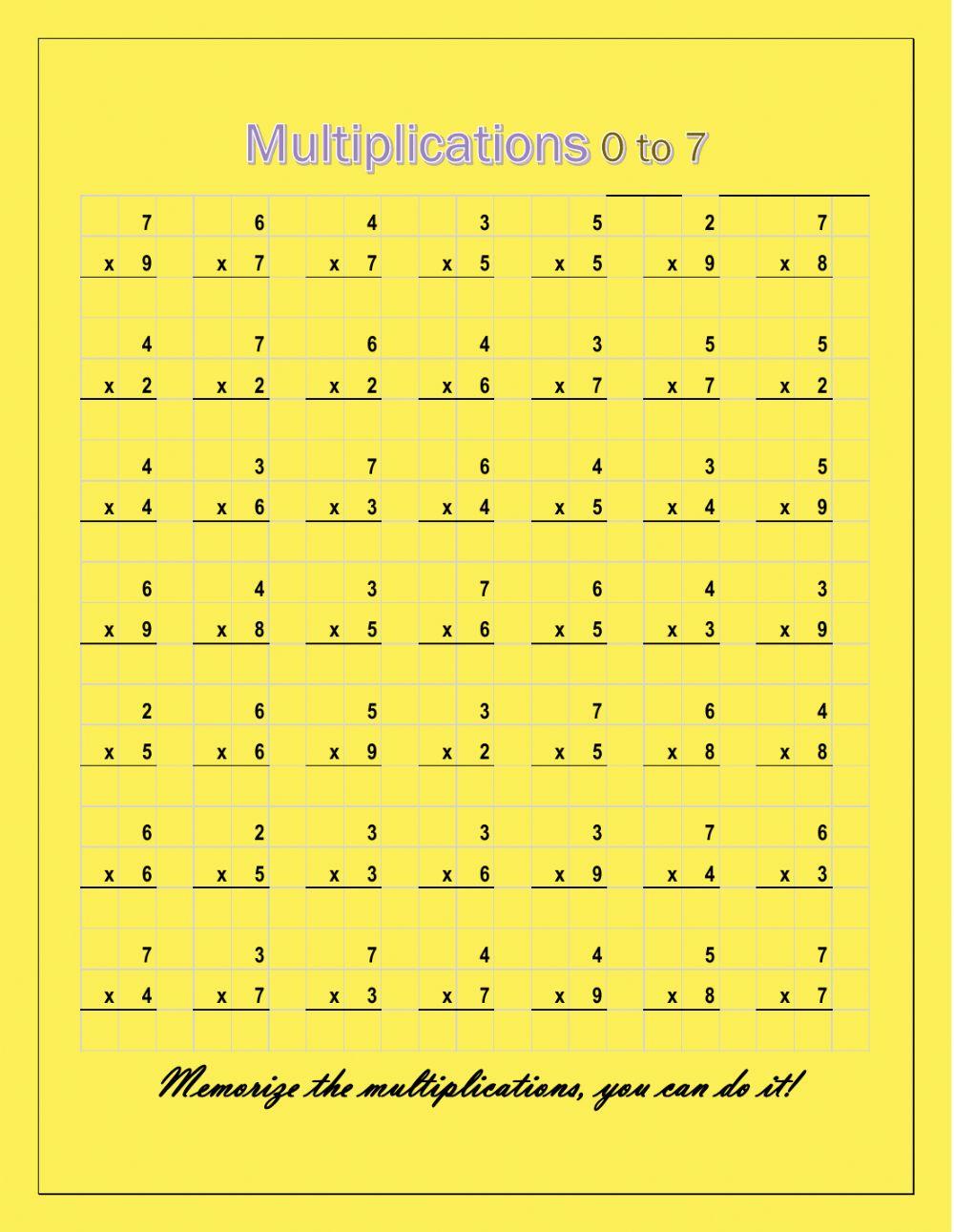 Time Tables Quiz 0 to 7 worksheet | Live Worksheets