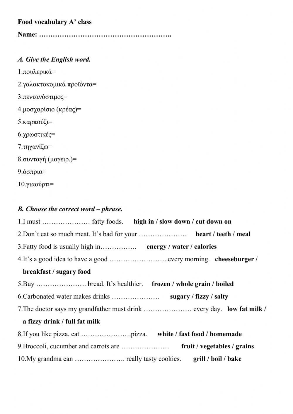 Food vocabulary interactive worksheet for Pre - intermediate | Live ...