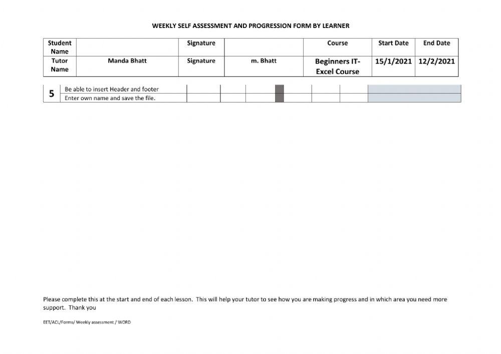 Excel initial assessment sheet session 1 worksheet | Live Worksheets