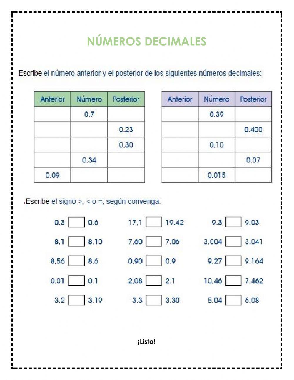 Decimales Exercise For Primaria Live Worksheets