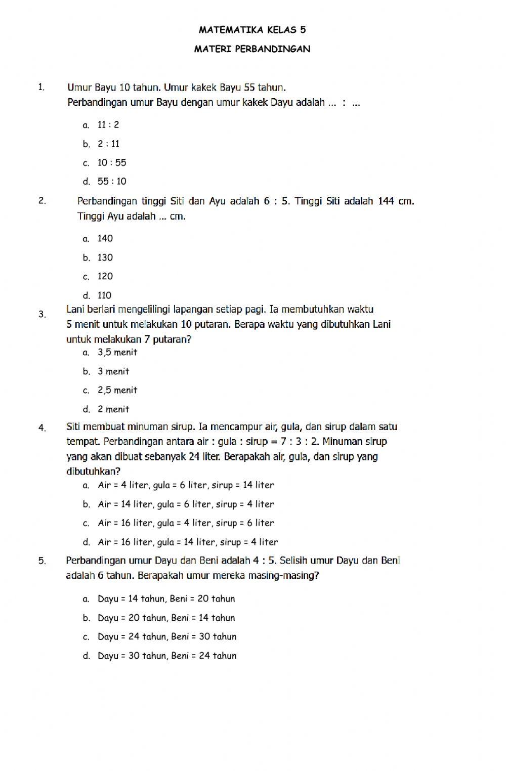 Mtk perbandingan worksheet | Live Worksheets