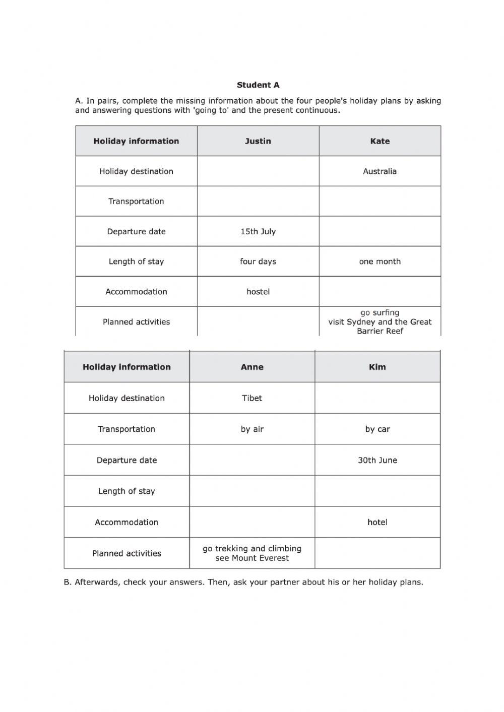 Holiday plans activity | Live Worksheets