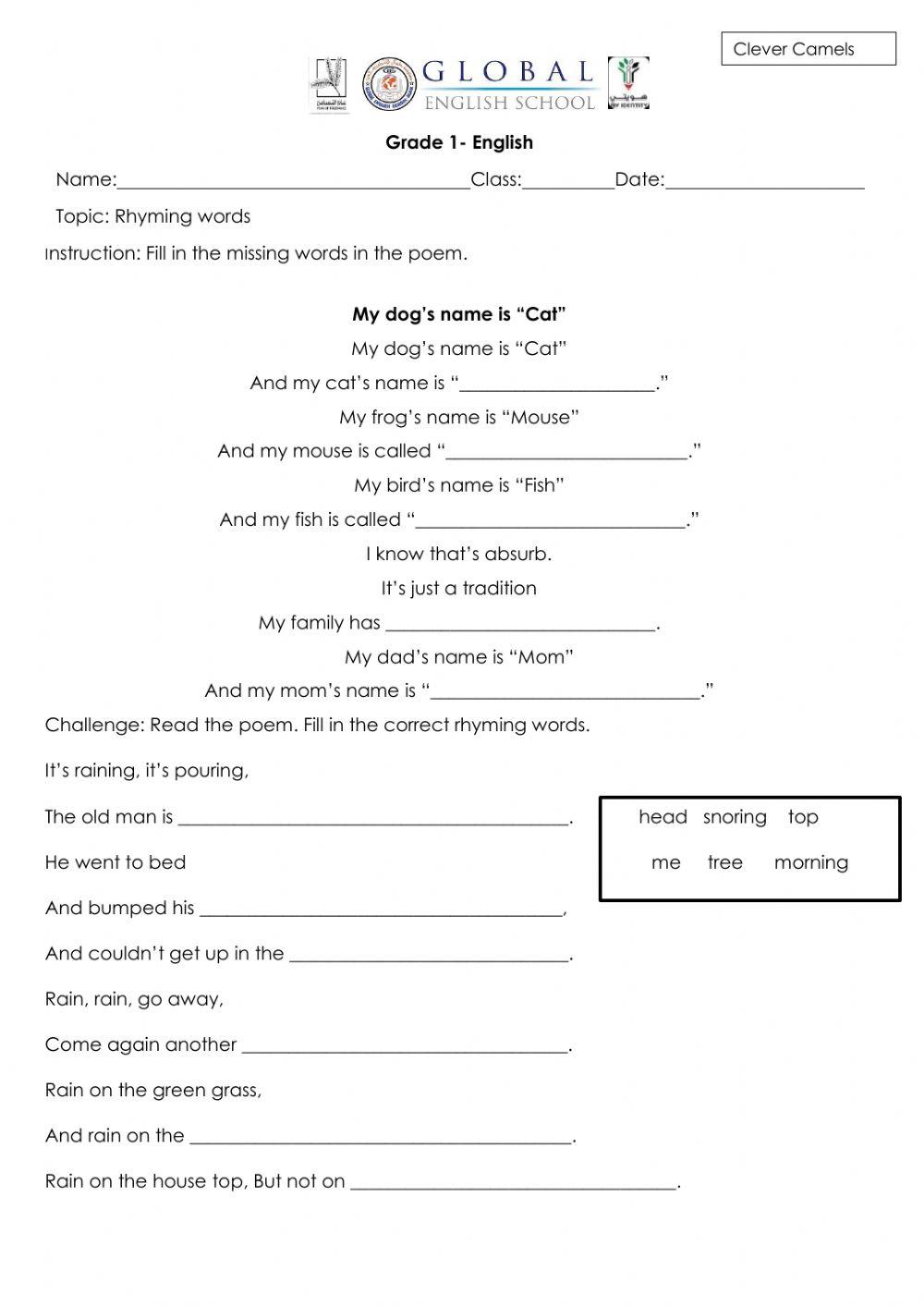 Rhyming Words Clever Camel Week 3 worksheet | Live Worksheets