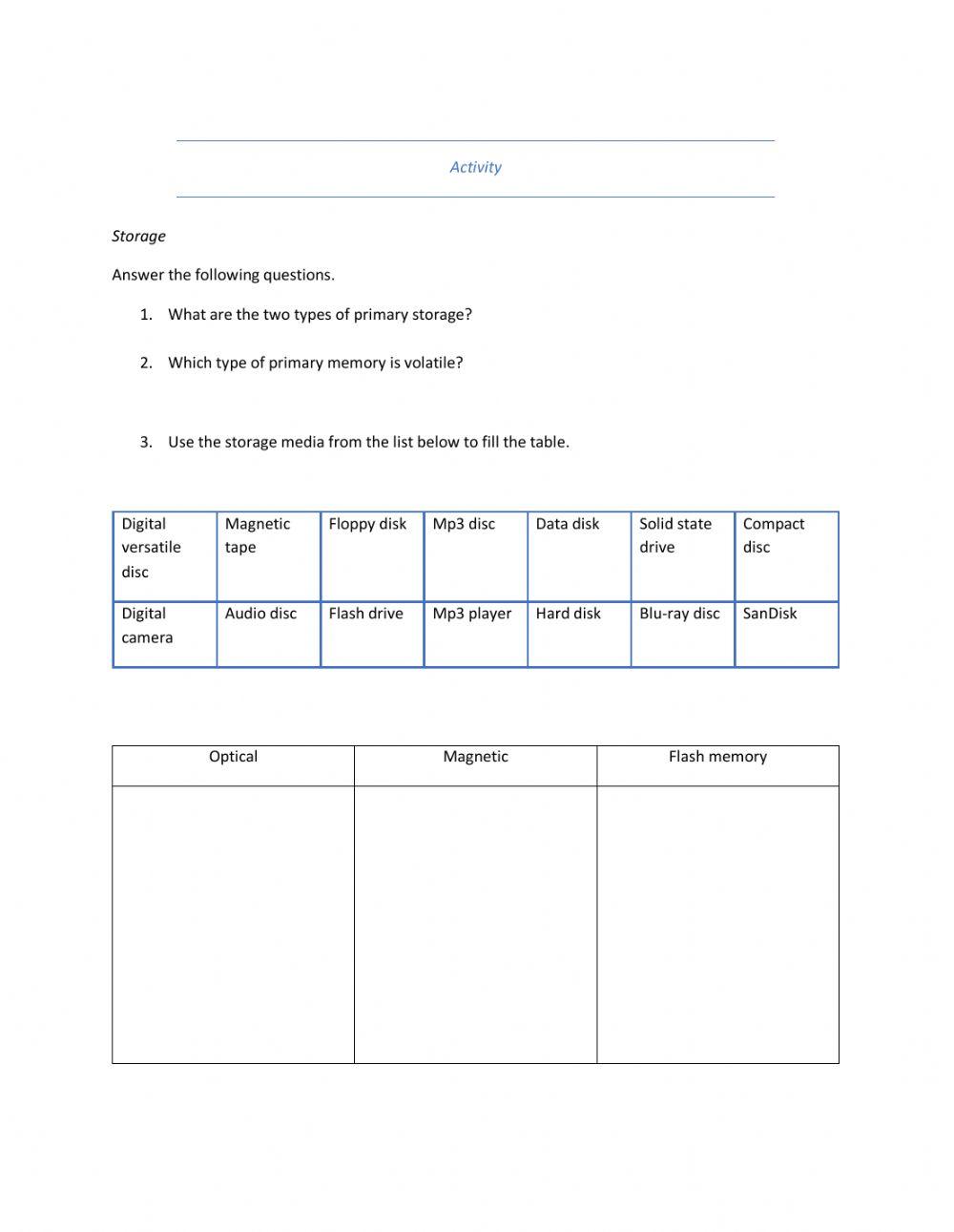 Computer Storag… | Free Interactive Worksheets | 636565