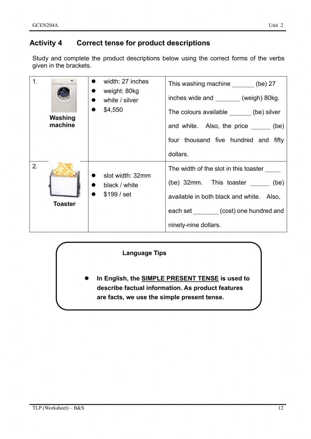 VEN2101 Unit 2 Activity 4 - Correct Tense for Product Descriptions ...