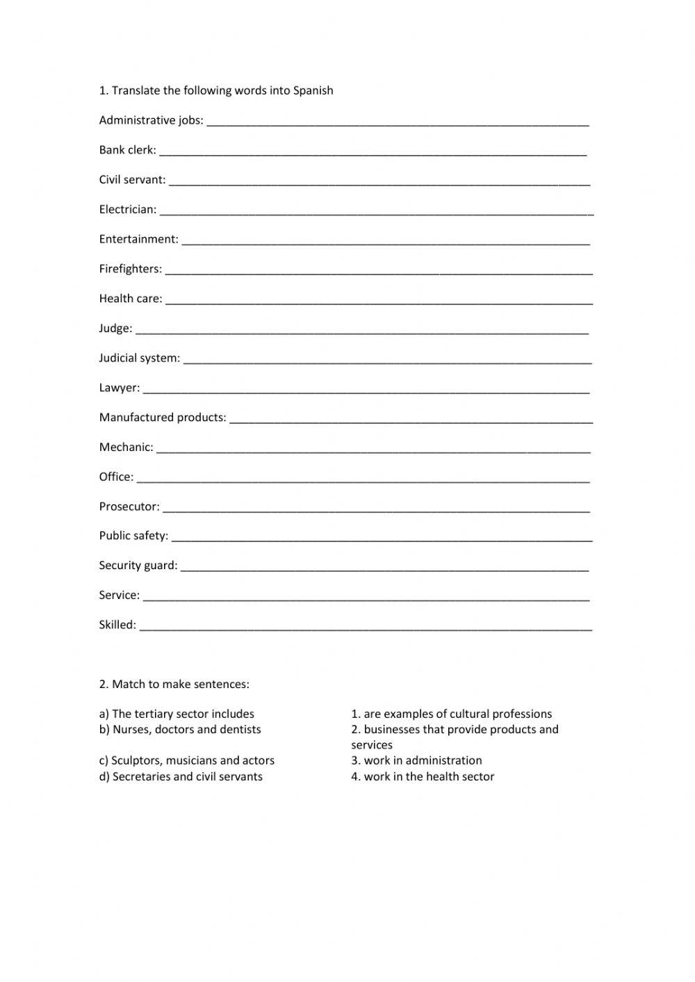 The tertiary sector 1 worksheet | Live Worksheets