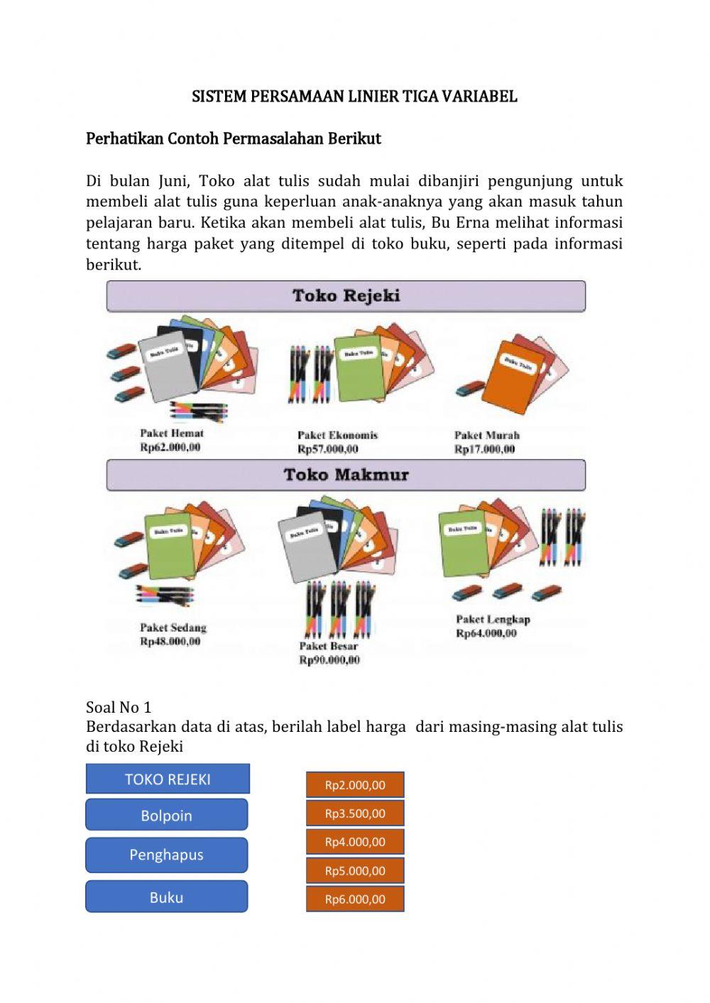 Sistem Persamaan Linier worksheet | Live Worksheets
