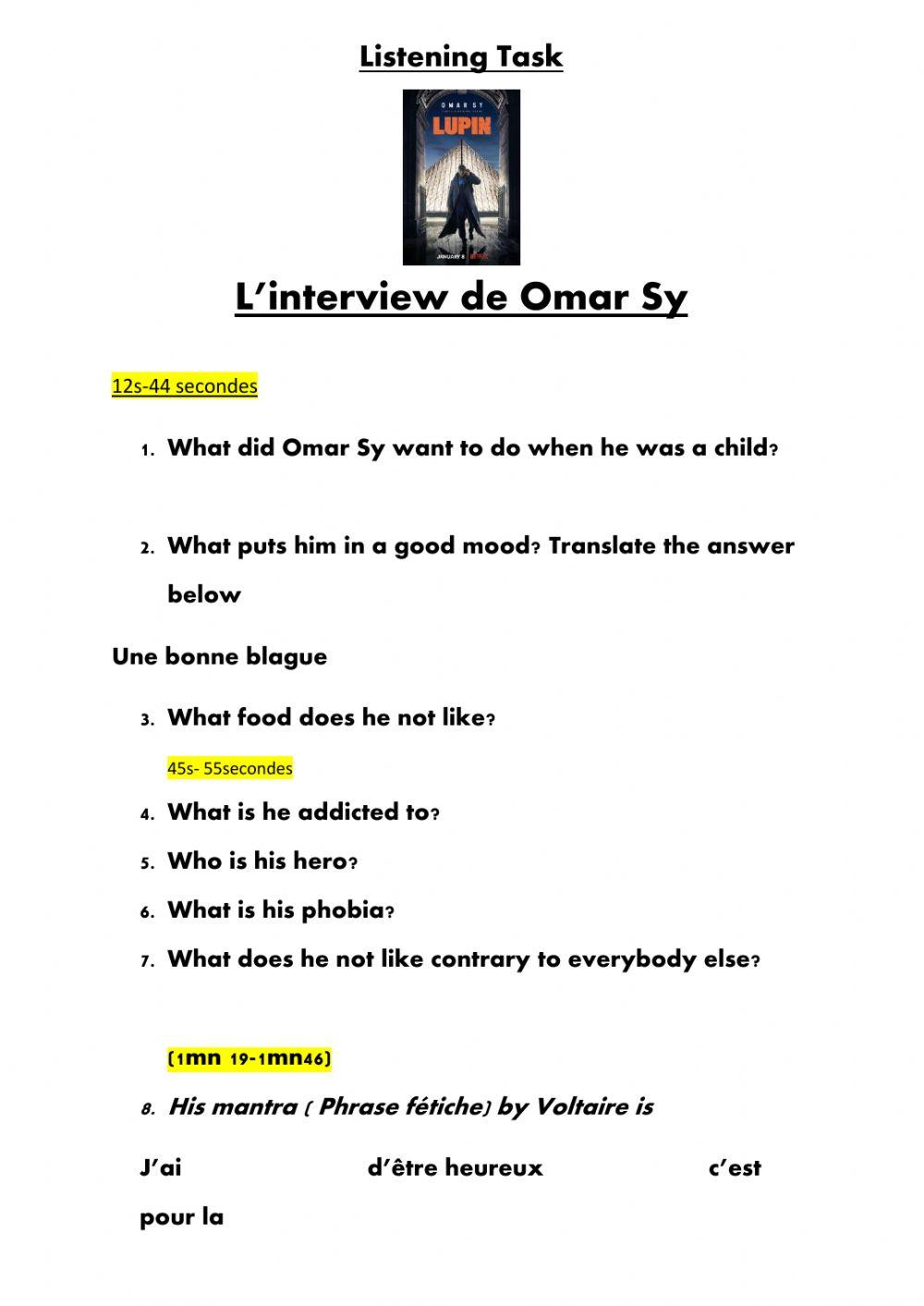 Listening- Omar Sy online exercise for | Live Worksheets