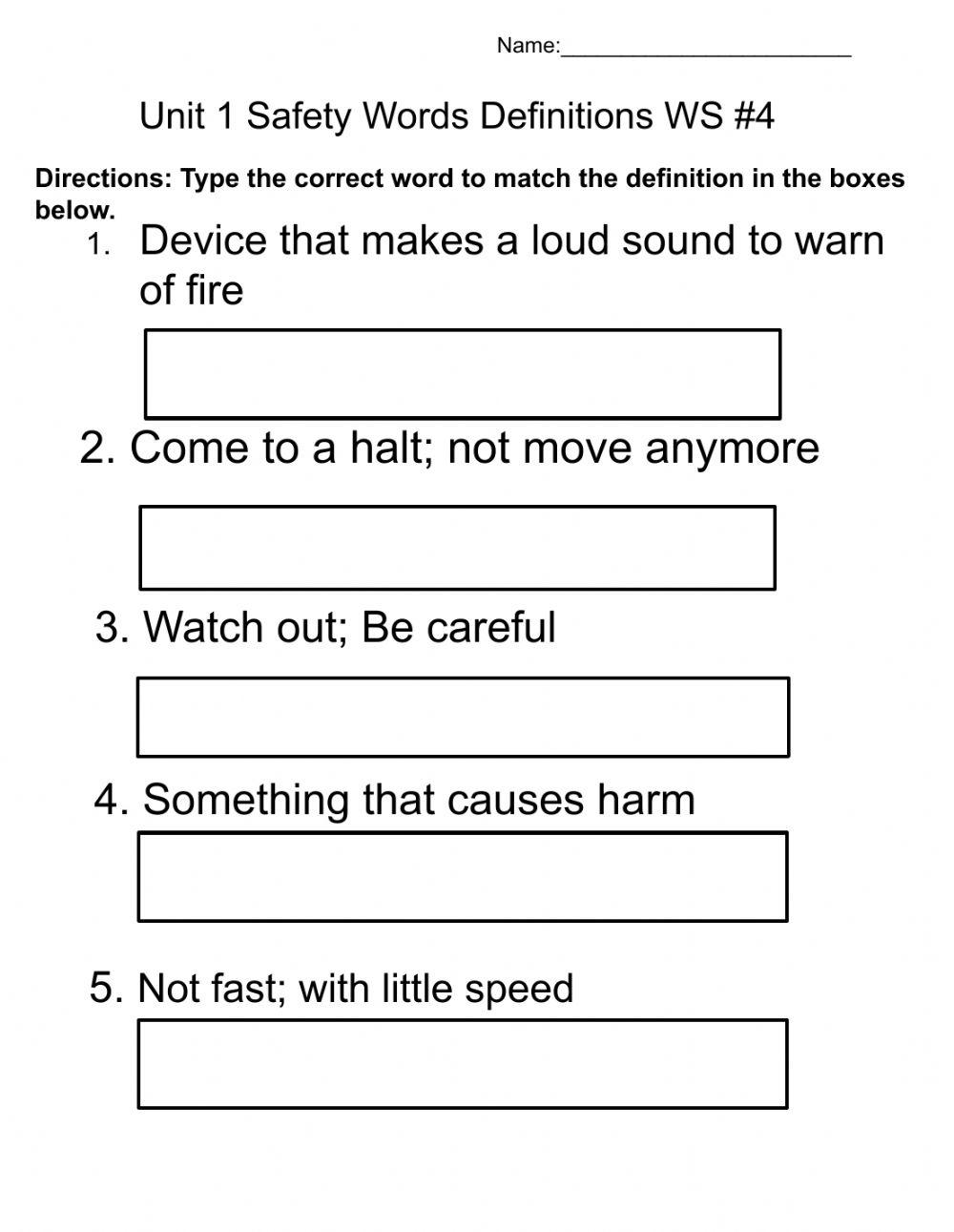 Safety Words Definition WS 4 worksheet | Live Worksheets