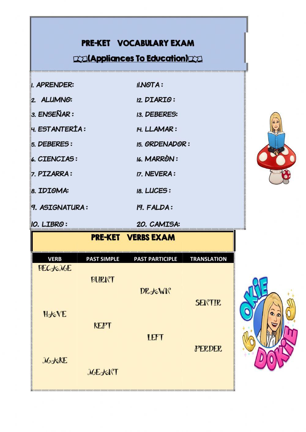 Vocabulary and verbs 4 PRE.ket worksheet | Live Worksheets