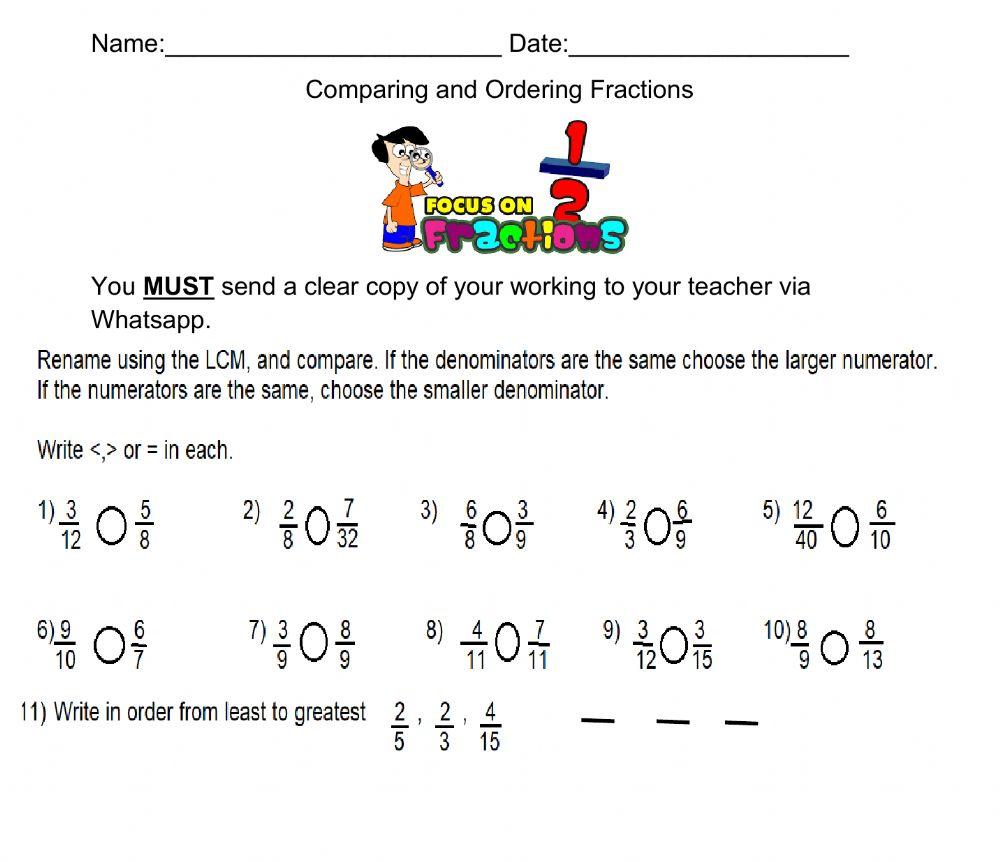 Comparing and Ordering Fractions interactive worksheet | Live Worksheets