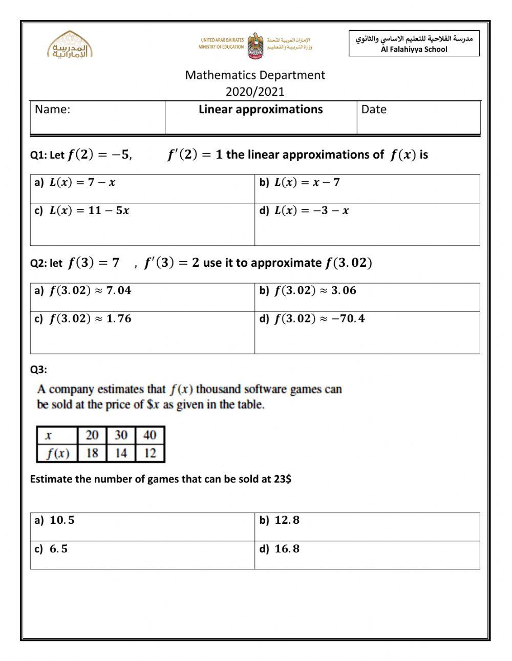Linear Approximation Worksheet | Live Worksheets