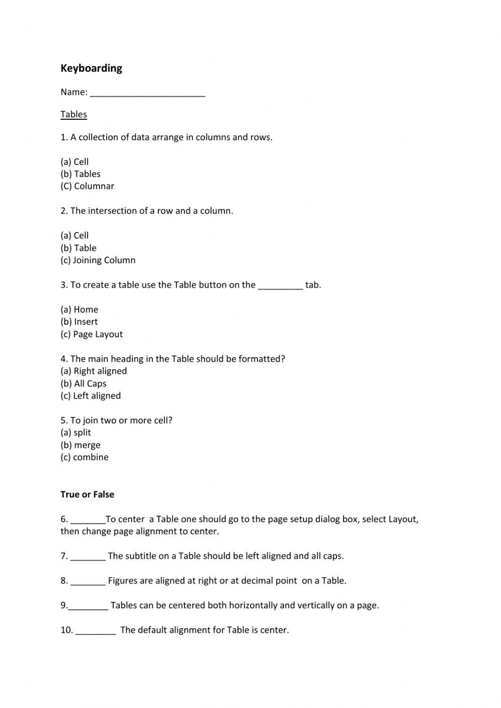 Formatting Tabl… | Free Interactive Worksheets | 4621012