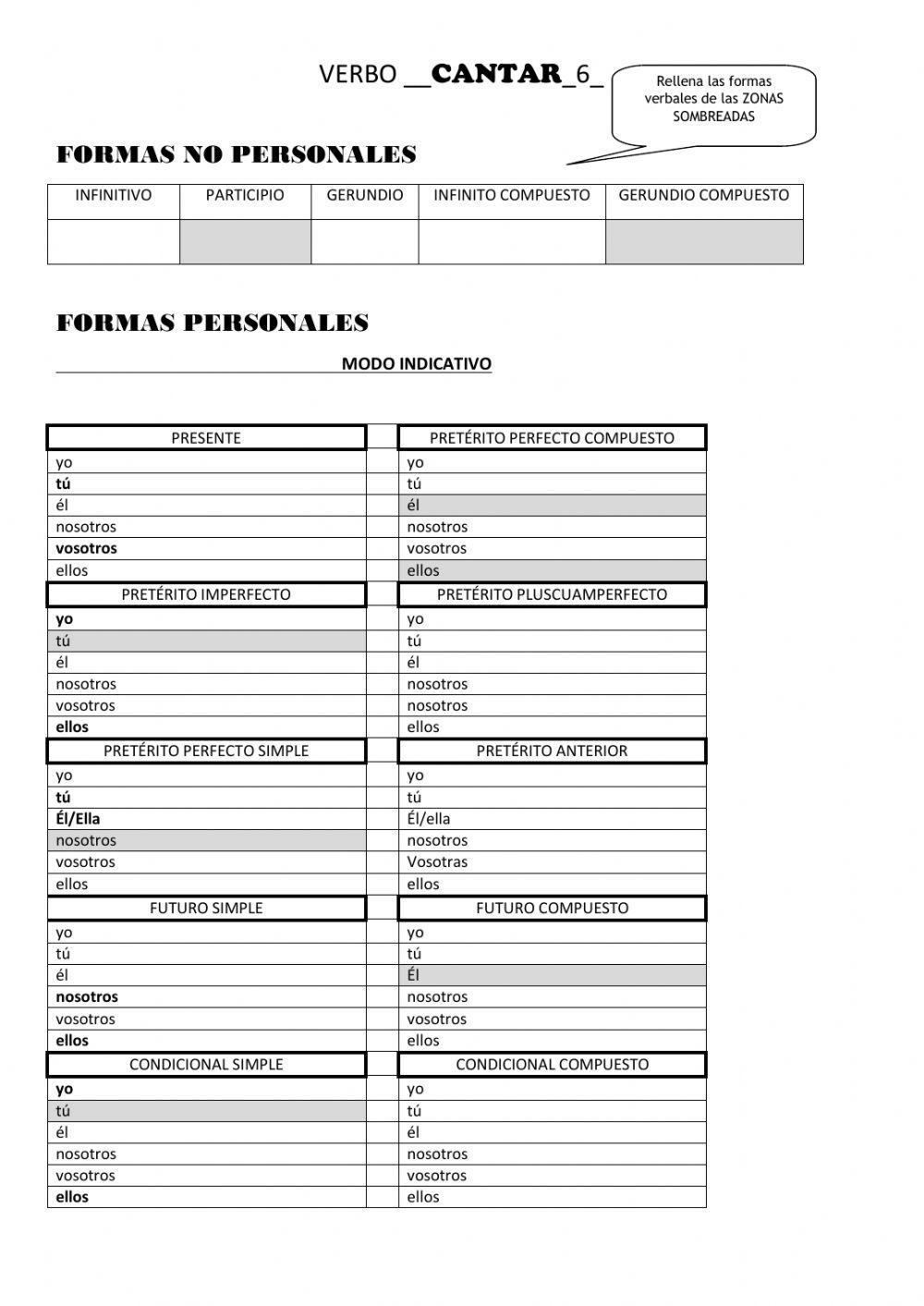 Verbo cantar -6 worksheet | Live Worksheets