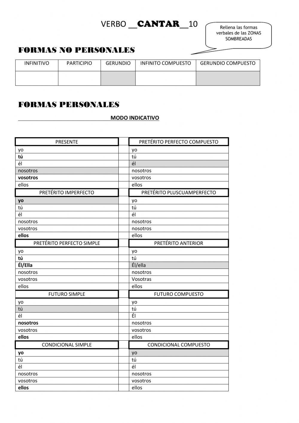 Verbo cantar -10 worksheet | Live Worksheets
