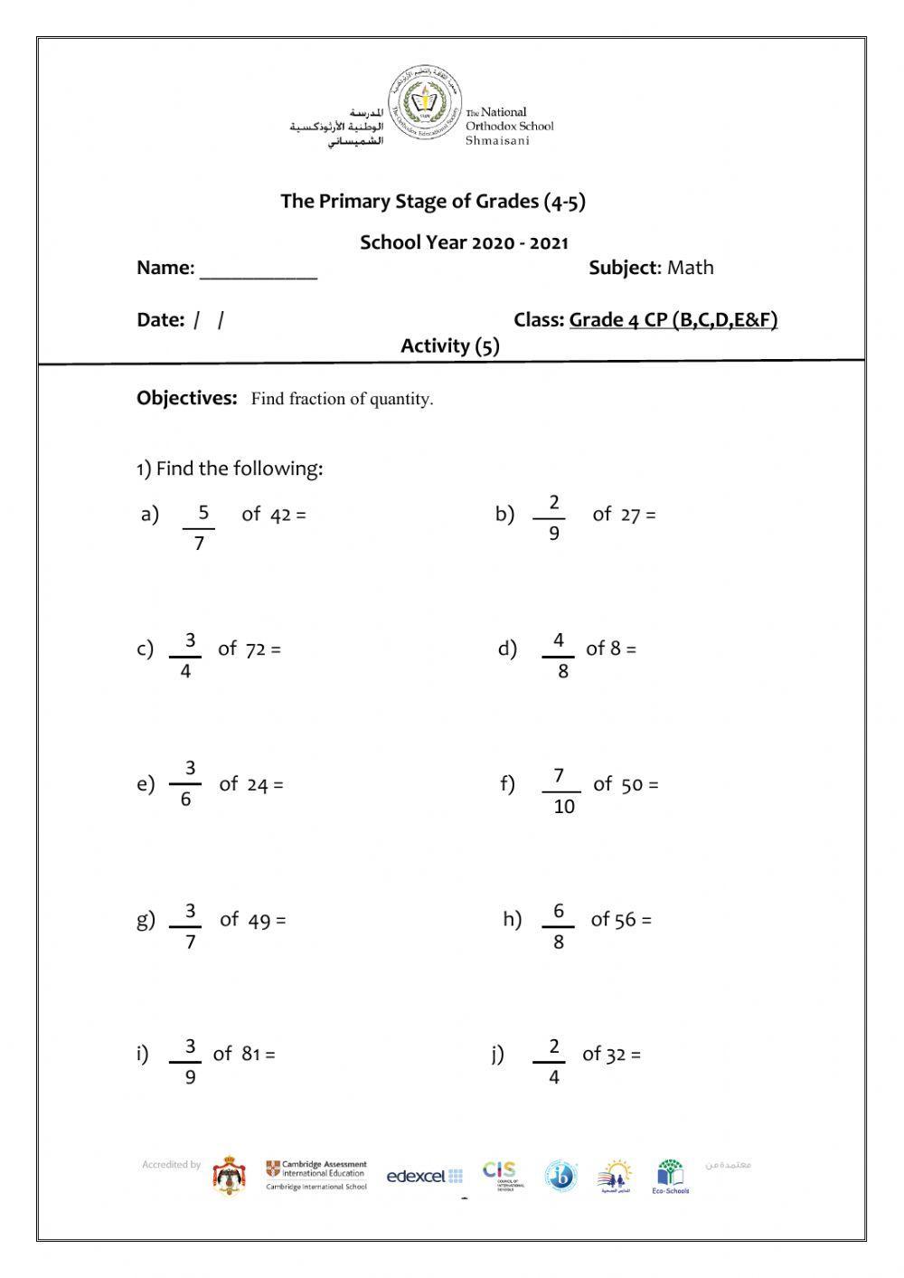 Fraction of qua… | Free Interactive Worksheets | 643834