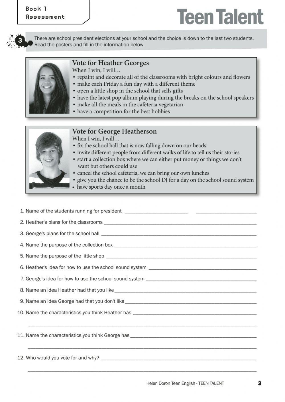 Teen Talent Book 1 Assessment 1 Units 1-2 online exercise for | Live ...