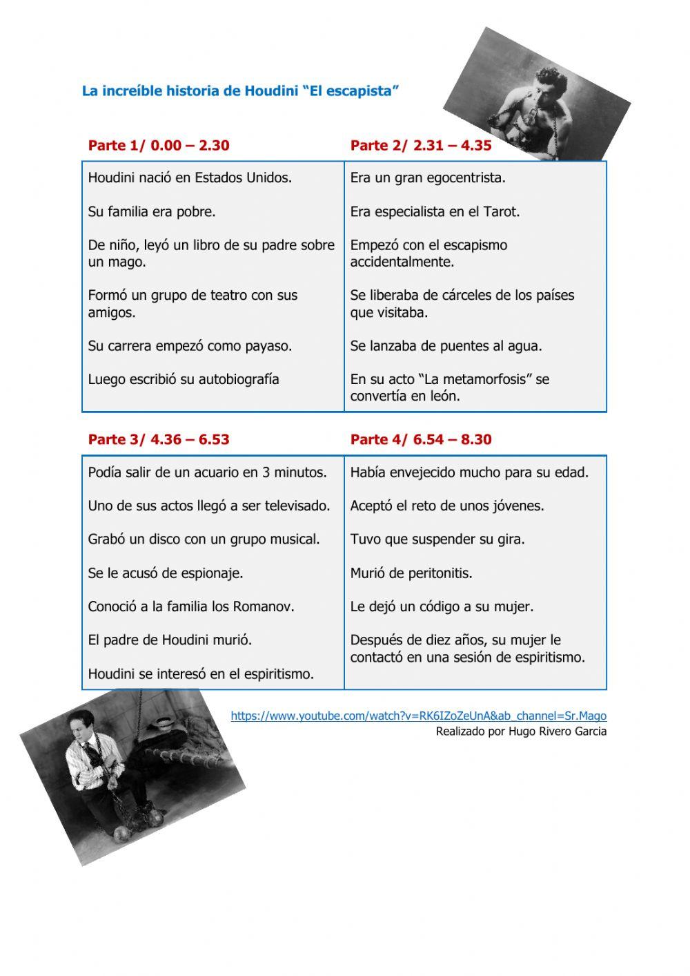 La historia de Houdini worksheet | Live Worksheets