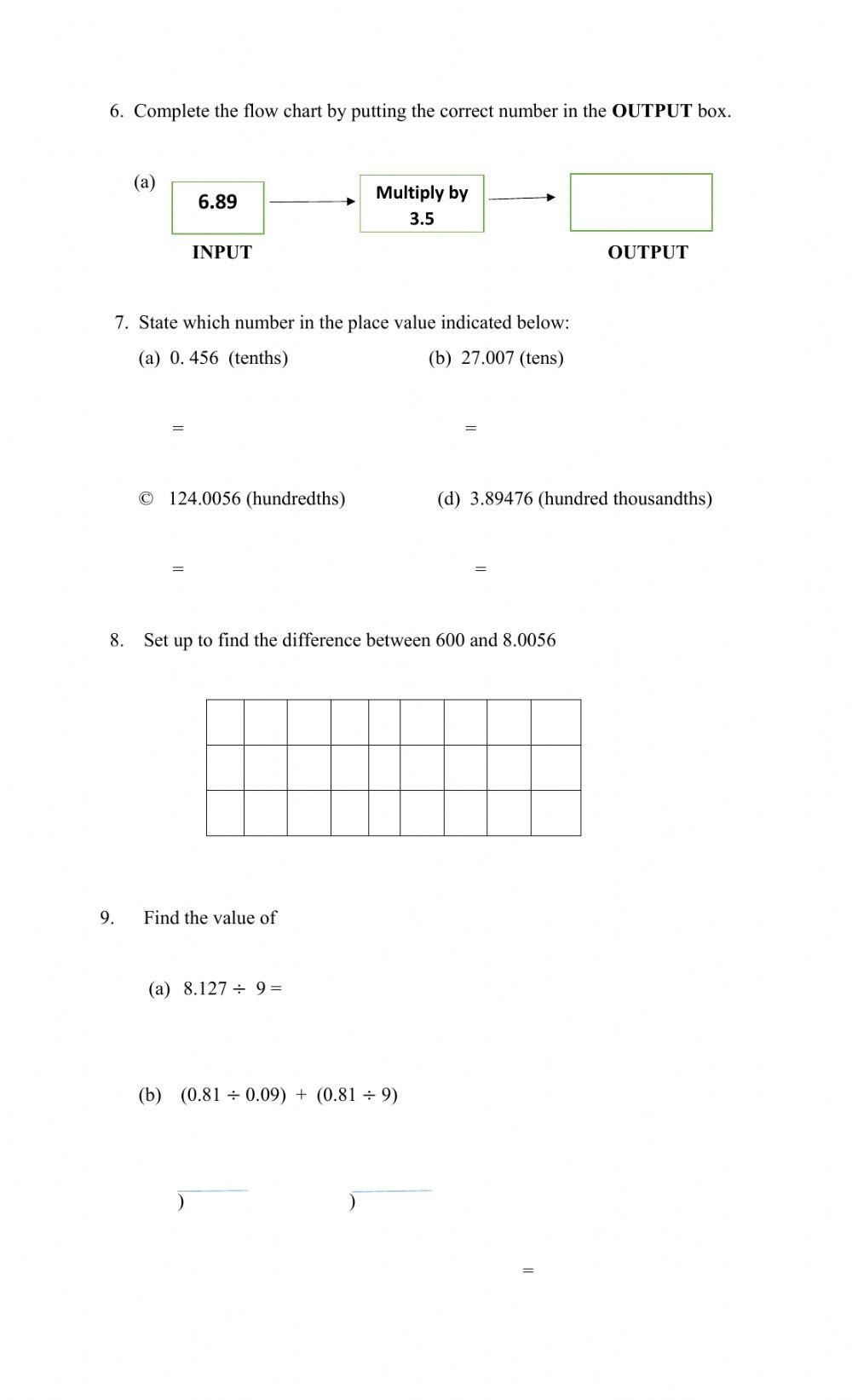 Short test on decimals worksheet | Live Worksheets