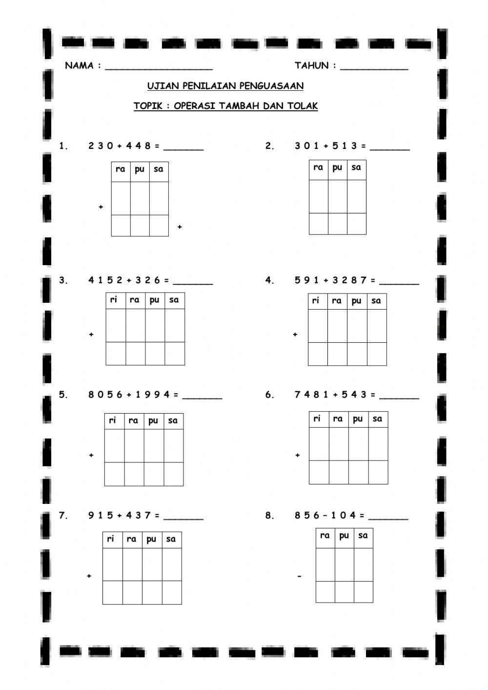 Operasi Tolak Hingga 1000 worksheet | Live Worksheets