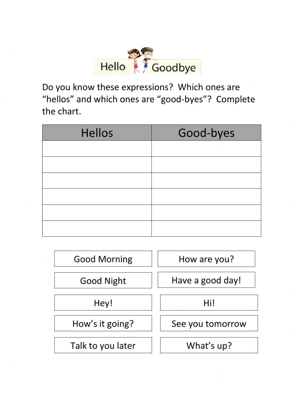 Hellos and good-byes worksheet | Live Worksheets