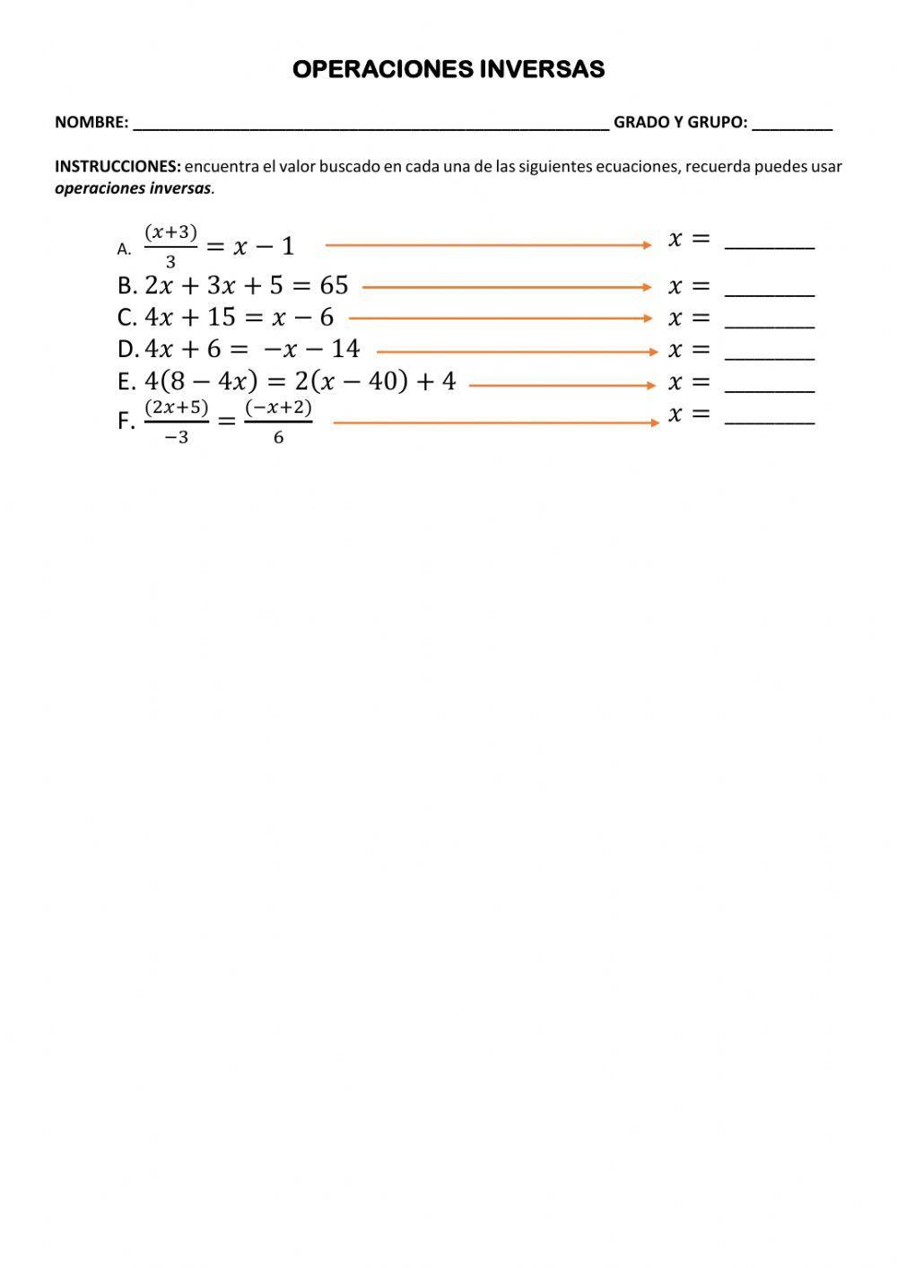 Operaciones Inversas worksheet | Live Worksheets