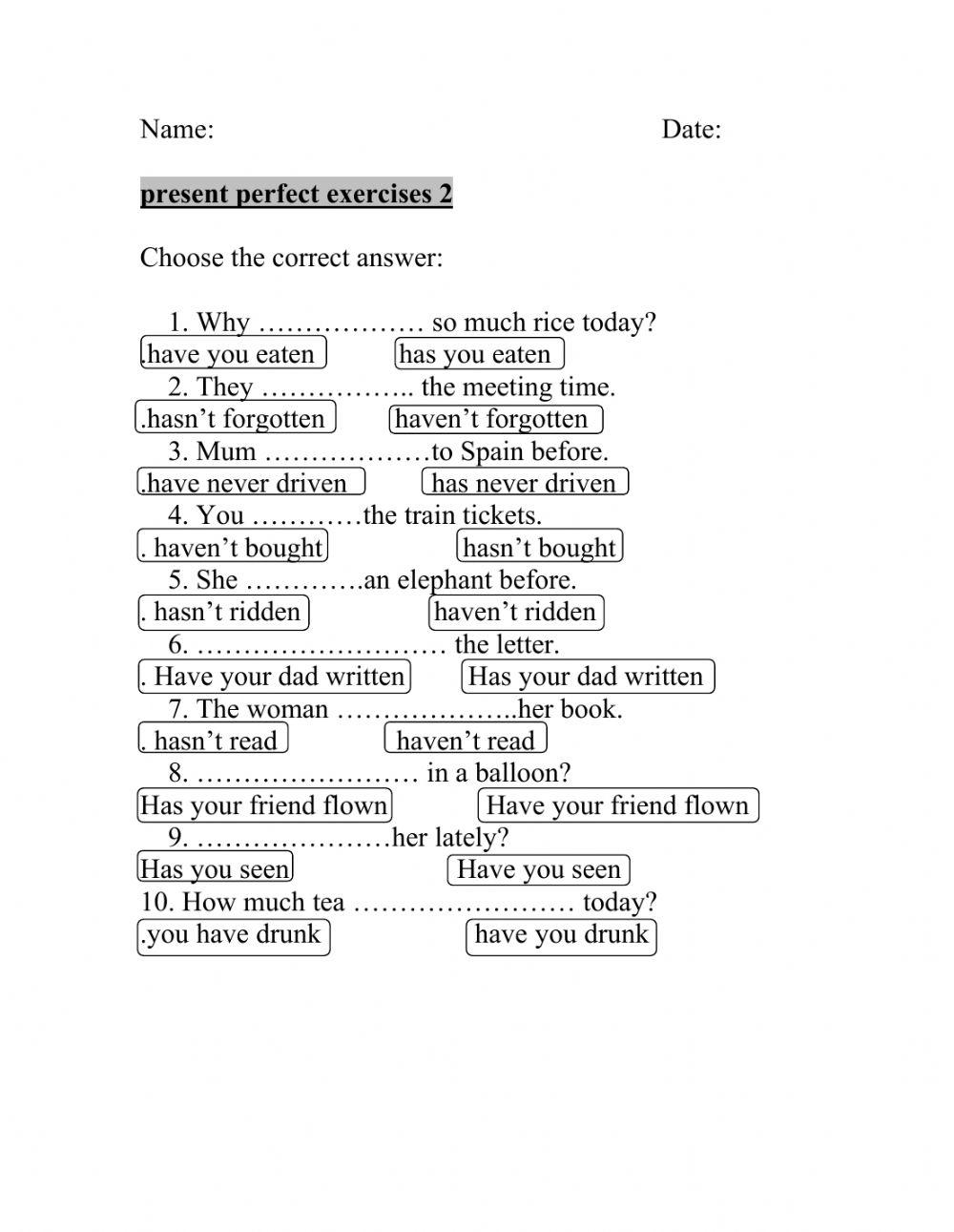 Present perfect exercises No2 worksheet | Live Worksheets