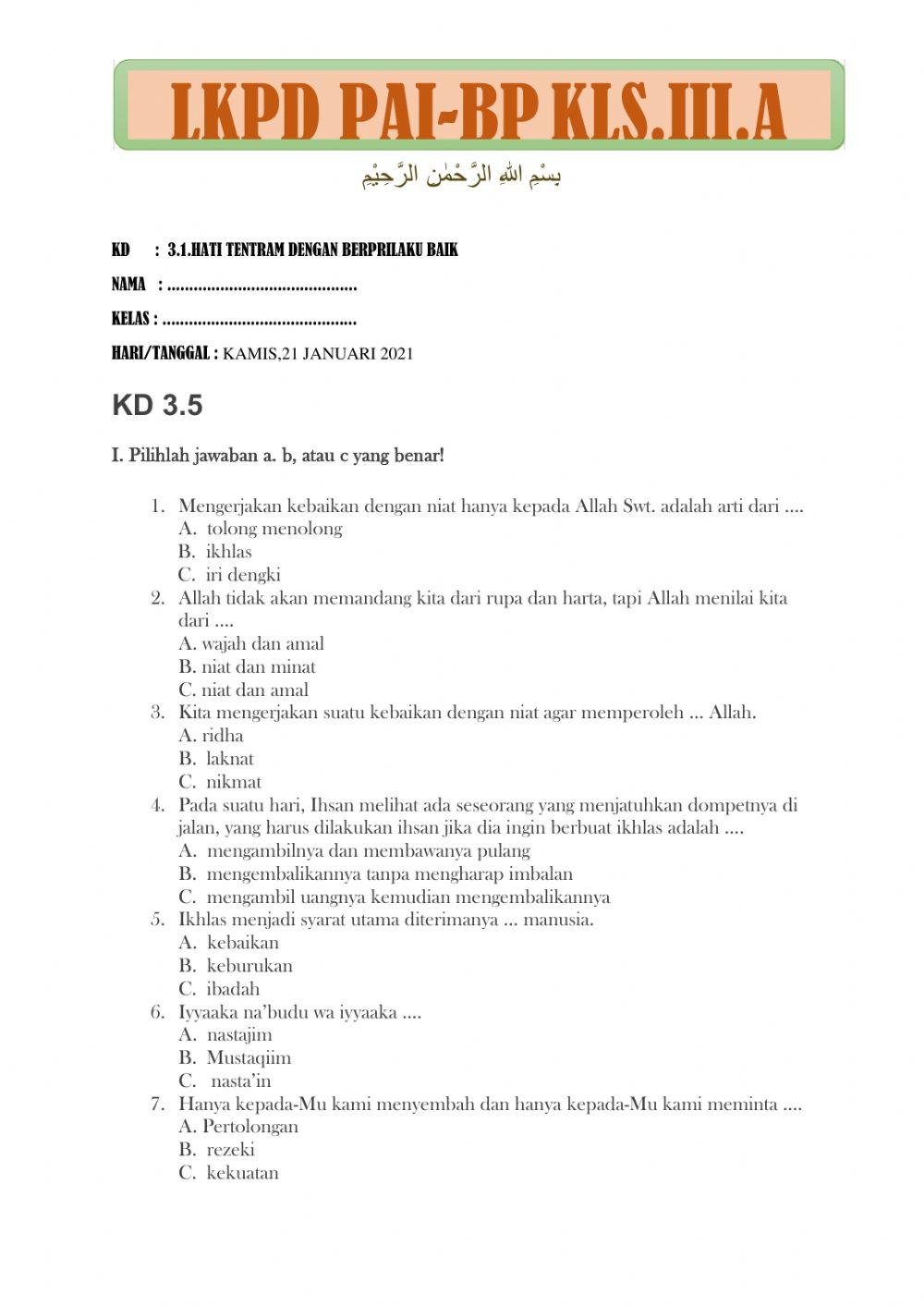 Pendidikan Agama Islam online worksheet | Live Worksheets