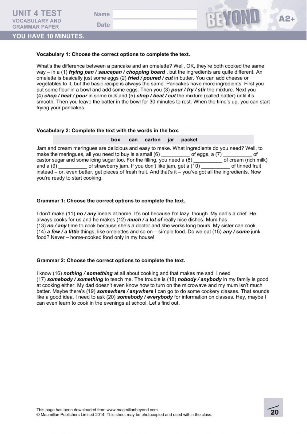 Beyond A2+ Unit 4 Vocabulary and Grammar 4628108